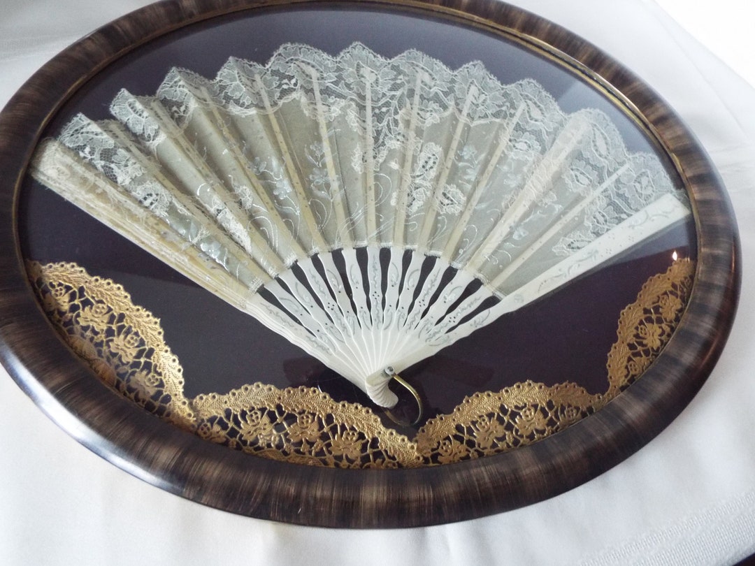 Antique Framed Victorian Lace Wedding Fan Celluloid Silver Thread ...