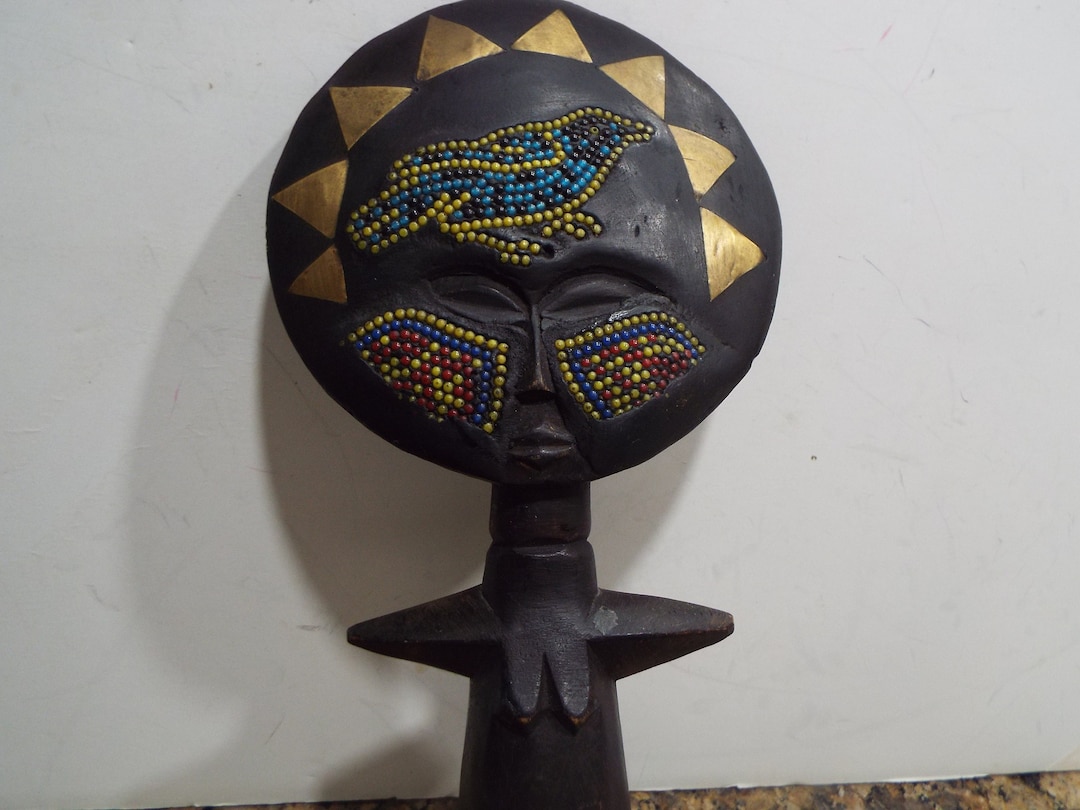 13" African Fertility Doll Ebony Wood Beaded Ghana African Bust Carved ...