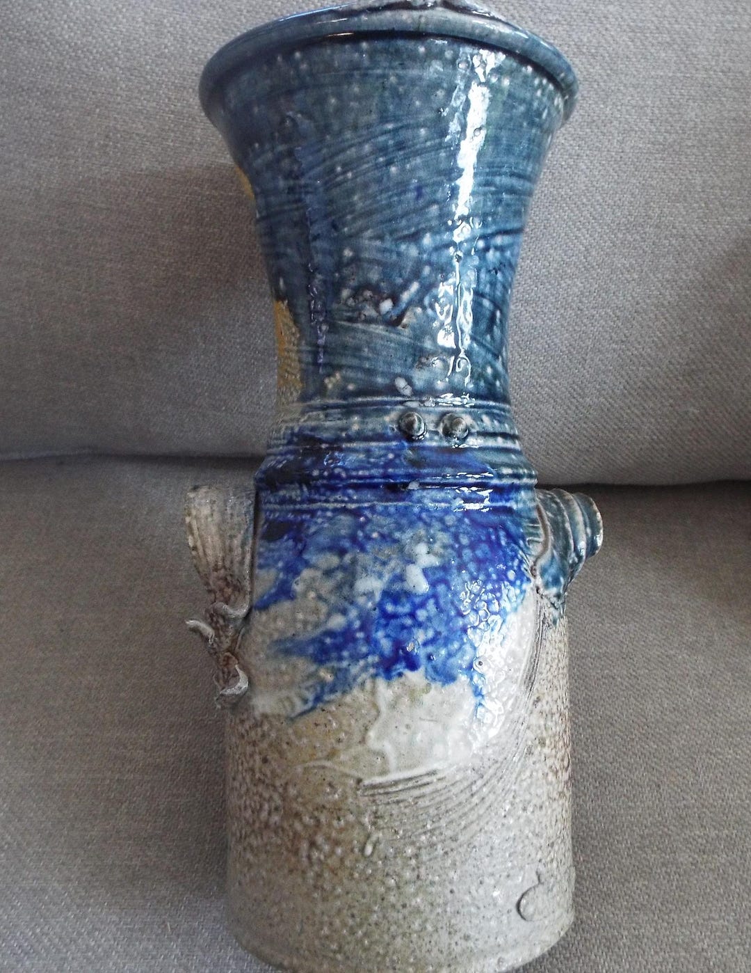 11" Early Don Reitz Studio Art Pottery Vase Vessel Blue Gray Salt Drip ...