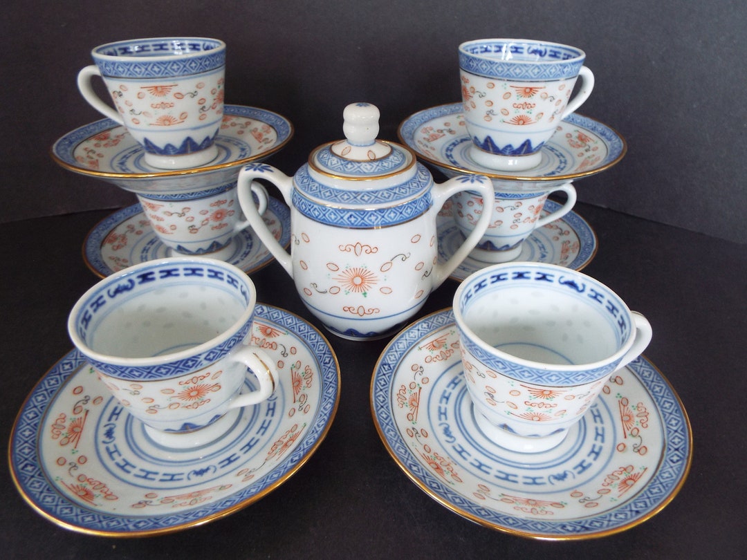 14 Piece Set Chinese Blue and White Rice Grain Tea Set Sugar Bowl Rice ...