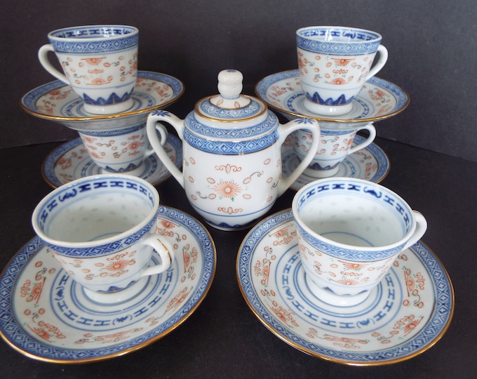 14 Piece Set Chinese Blue and White Rice Grain Tea Set Sugar - Etsy