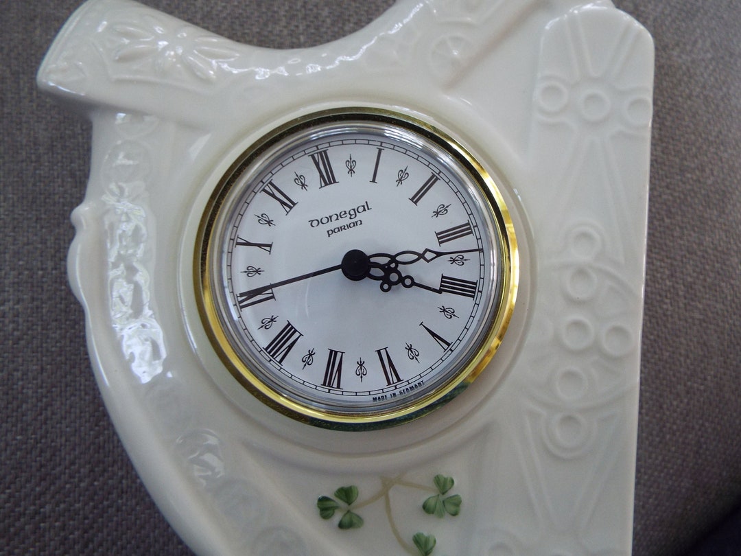 Irish Parian Donegal Porcelain Harp Shape Mantel Table Clock German ...