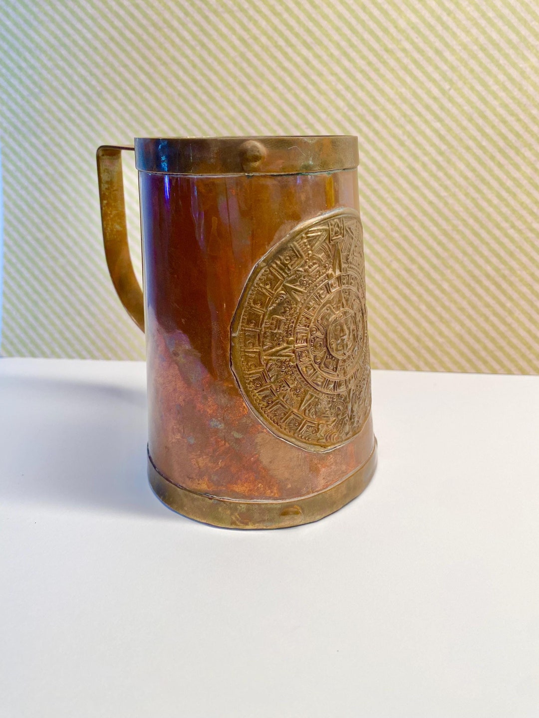 Vintage Copper Stein: Aztec Calendar Design, Brass Accents - Etsy