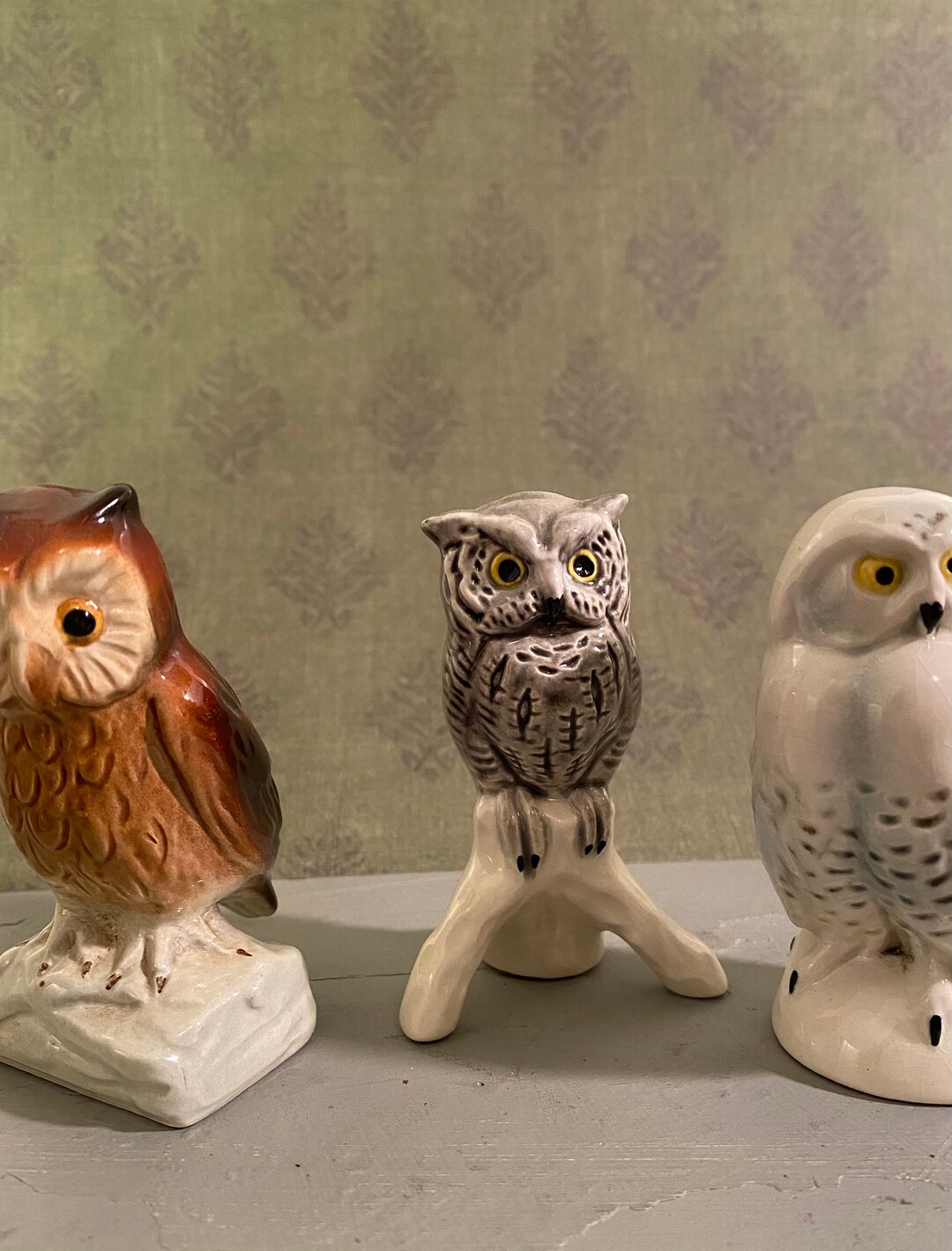 Goebel Owl / West Germany / Mini Ceramic Gray Owl on Branch / Marked ...