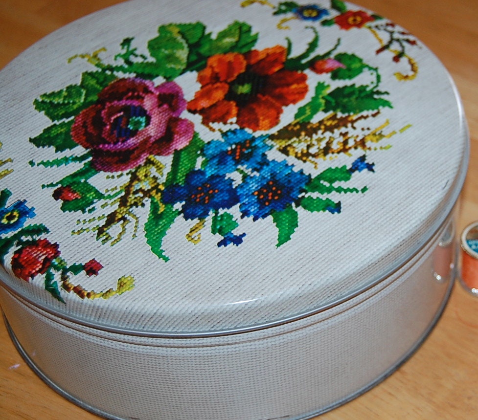 Vintage Tin With Needle Point Flowers / Round Storage Tin / - Etsy