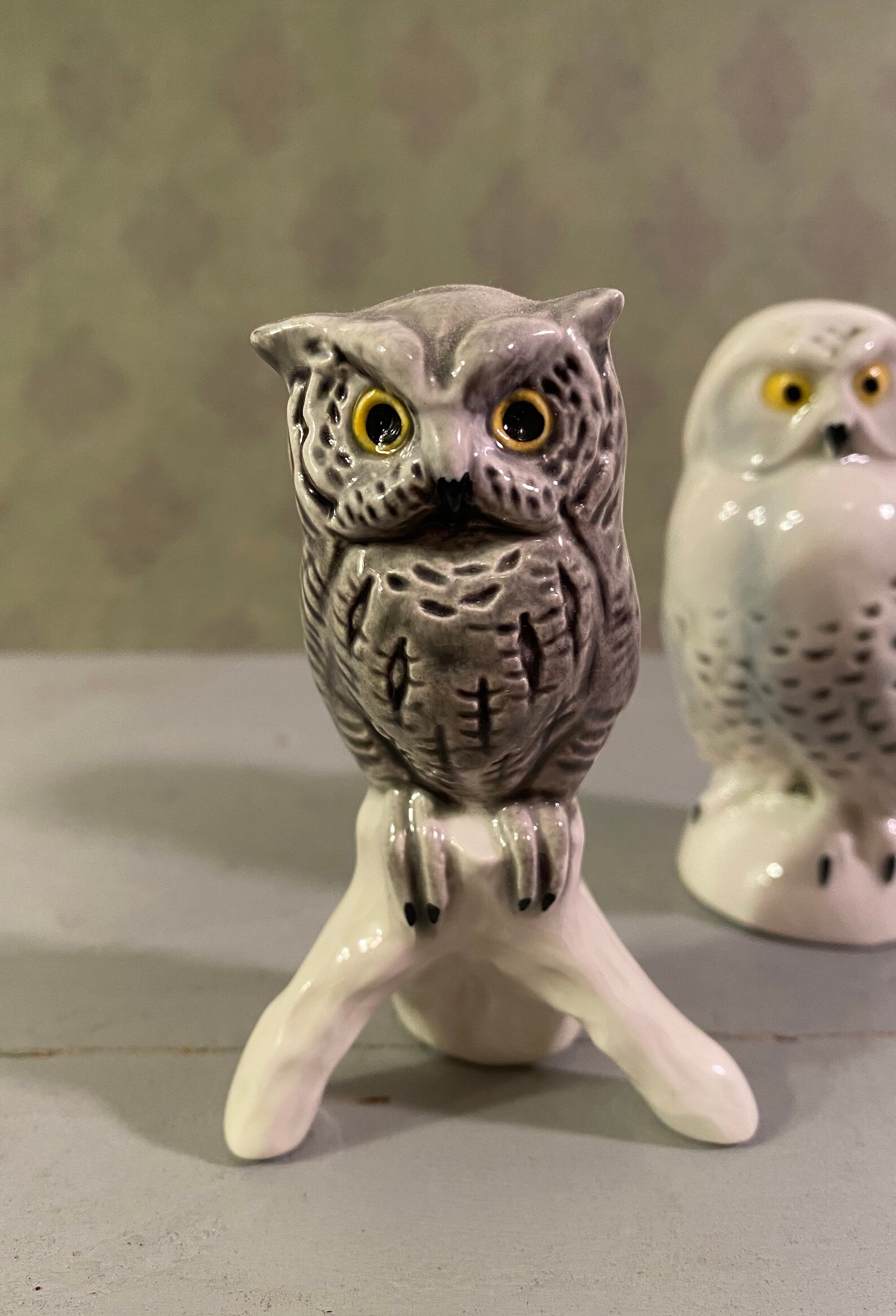 Goebel Owl / West Germany / Mini Ceramic Gray Owl on Branch / Marked ...