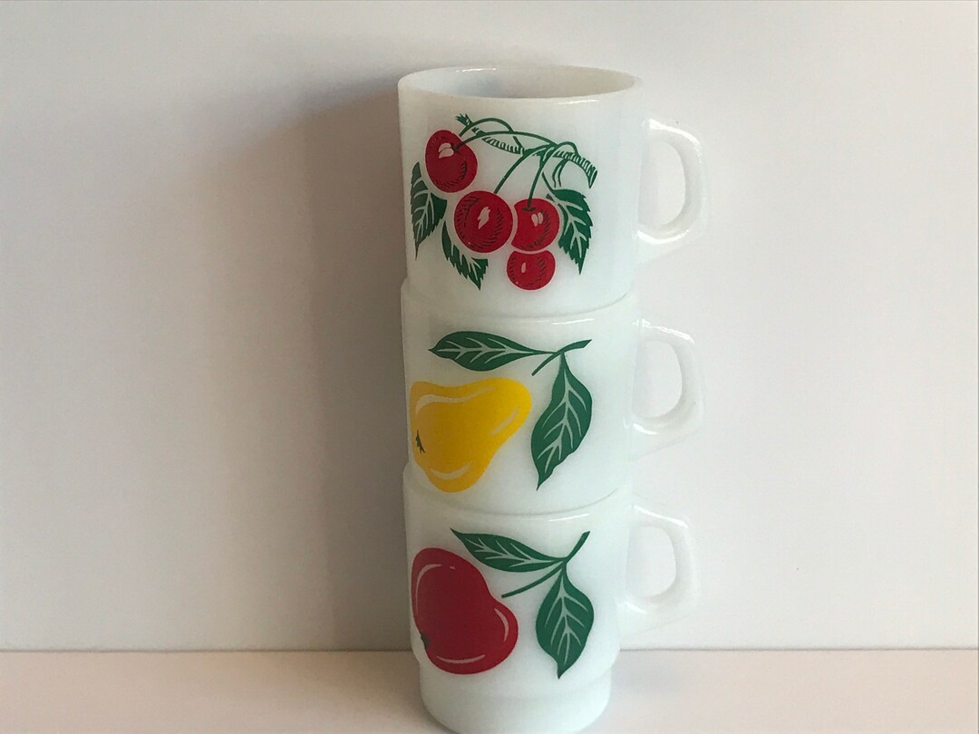 Vintage,milk Glass Stacking Termocrisa Mugs, Coffee / Tea Mugs, Fruit ...