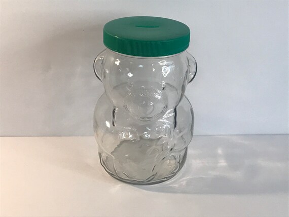Vintage Peanut Butter Bank Bear Glass Green Plastic Lid | Etsy
