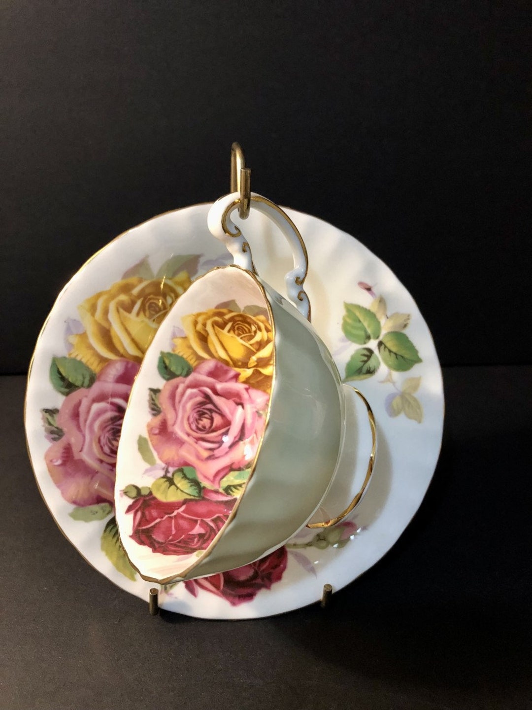 Vintage Aynsley Three Cabbage Roses Red, Pink and Yellow Roses Bone ...