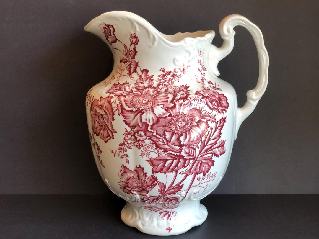 Antique, Victorian Wash Basin Pitcher, Burgundy Transferware ...