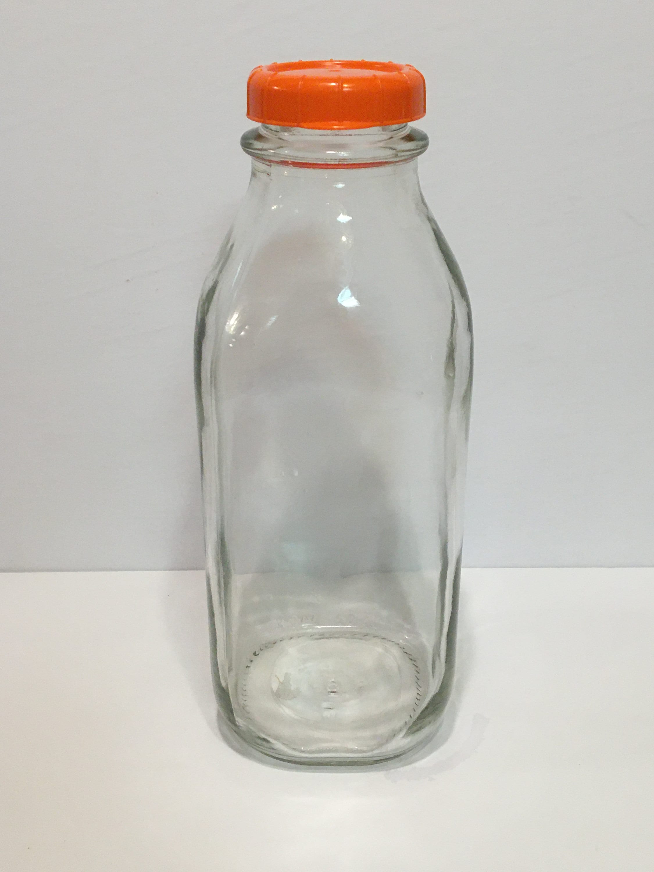 Vintage, Stanpac Clear Glass Milk Bottle, With Orange Plastic Lid, 946 ...