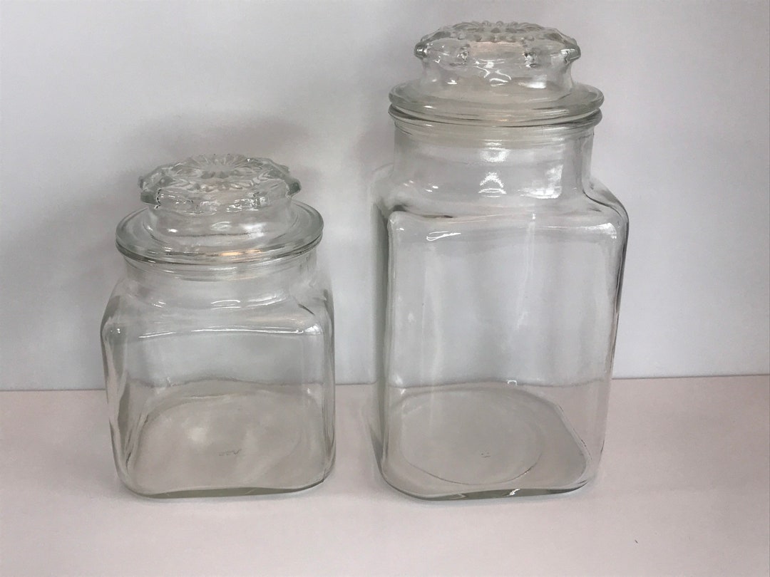 Vintage, Anchor Hocking, Clear Glass Jar With Daisy Lid, Set of 2 ...