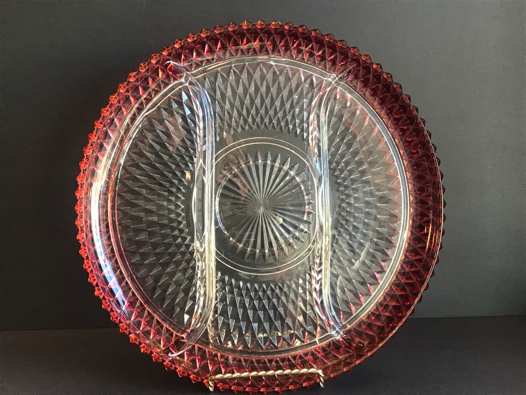 Vintage, Ruby Band, Diamond Point by Indiana Glass, 3 Part Large ...