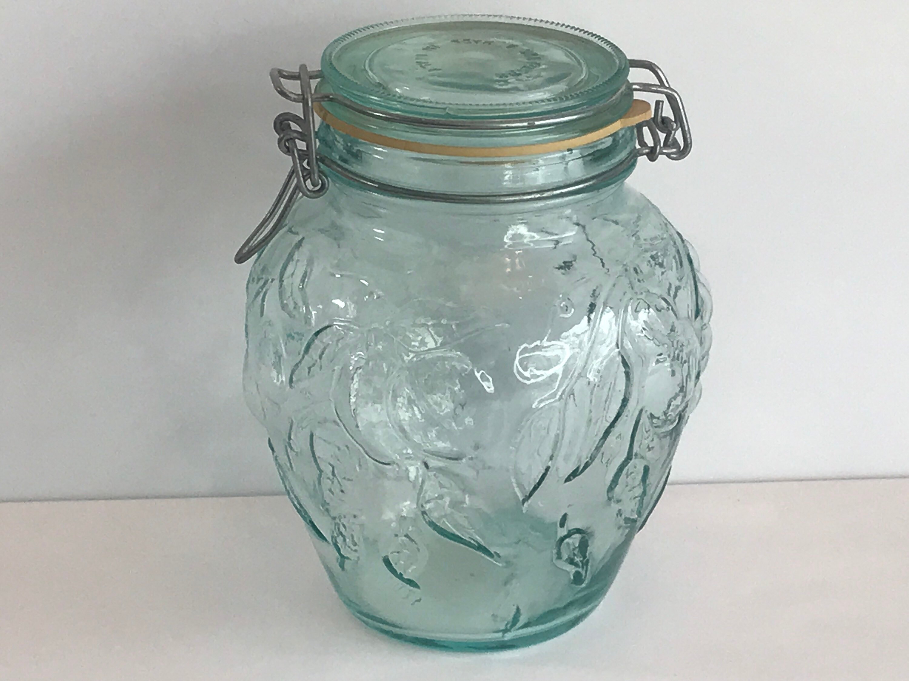 Embossed green glass canister with glass lid made in Italy Circa 1980s ...