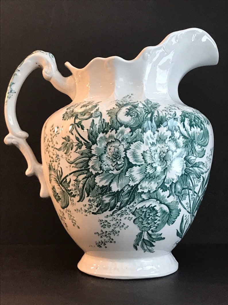 Antique Victorian Wash Basin Pitcher Green Transferware - Etsy