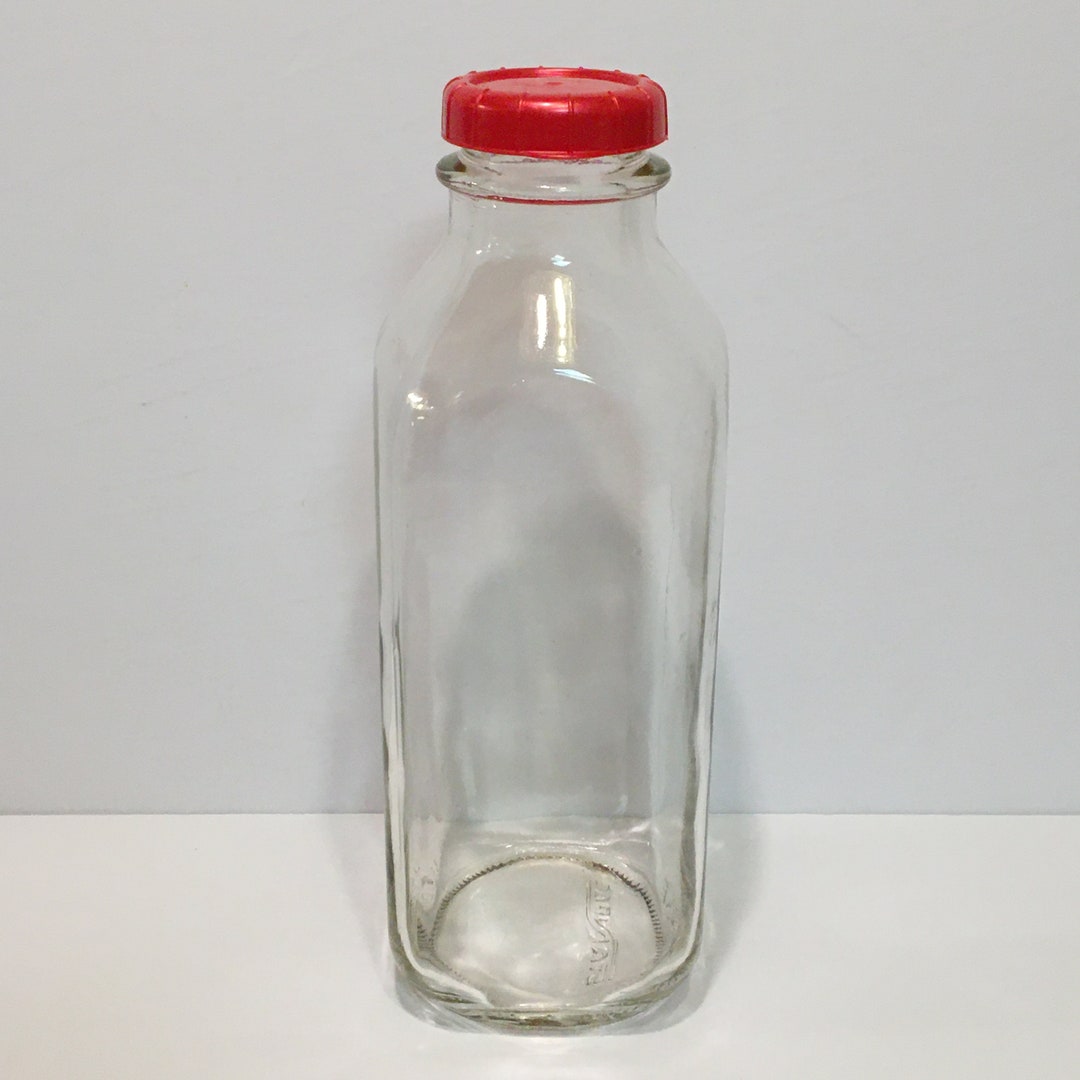 Vintage, Stanpac Clear Glass Milk Bottle, With Red Plastic Lid, 1 Liter ...