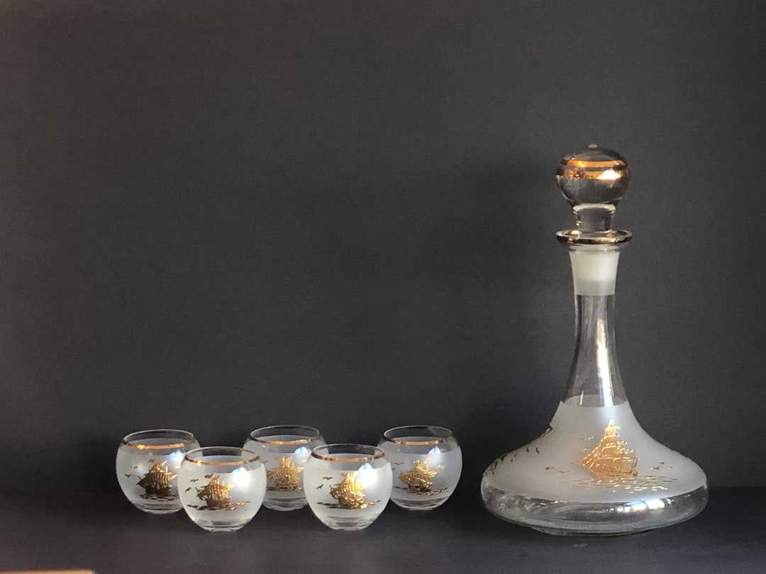Vintage, Bohemian Glass, Etched Boat Decanter Set With 5 Glasses ...
