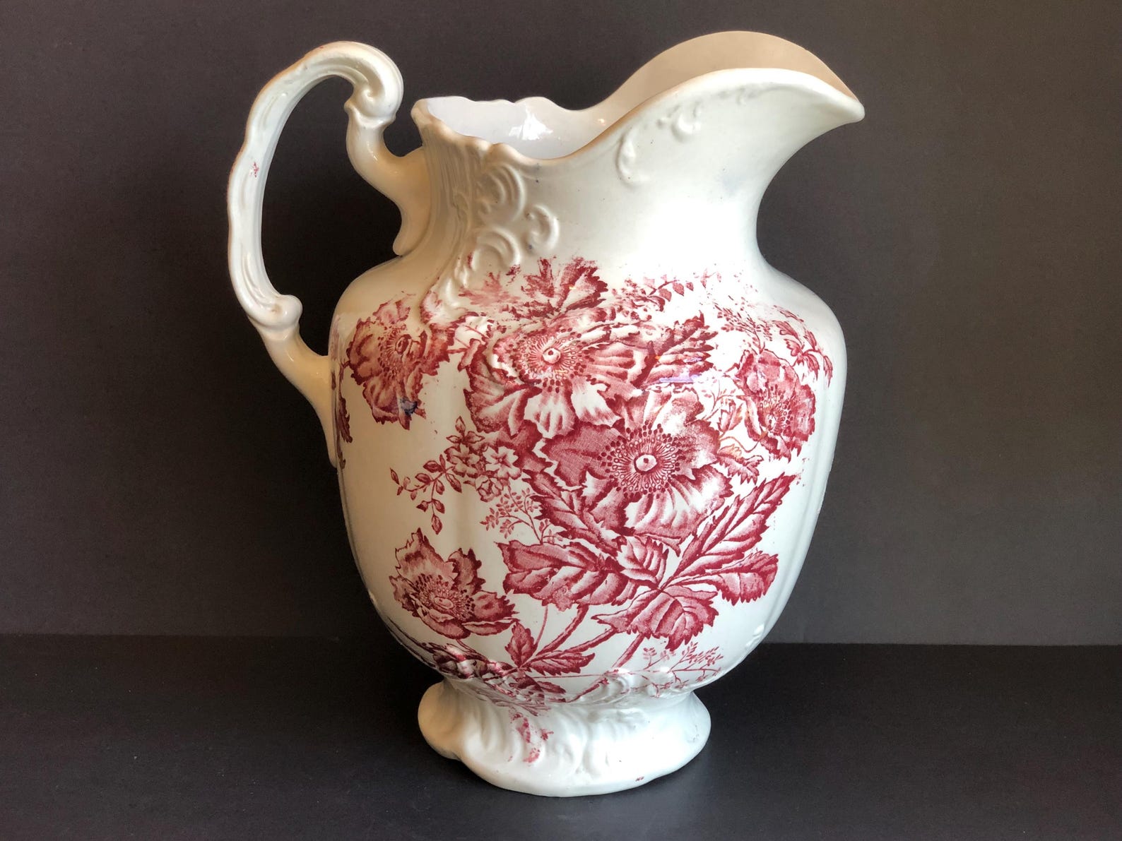 Antique, Victorian Wash Basin Pitcher, Burgundy Transferware ...