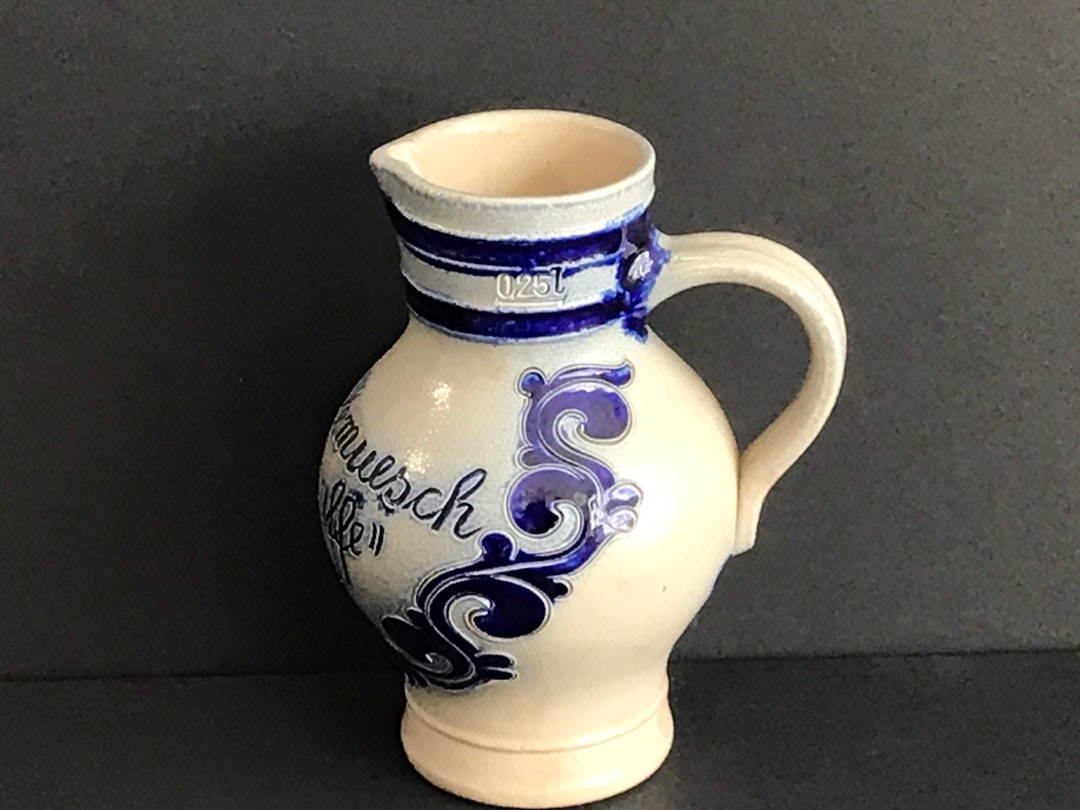 Vintage German Salt Glazed Pottery Pitcher, Blue Floral Design - Etsy