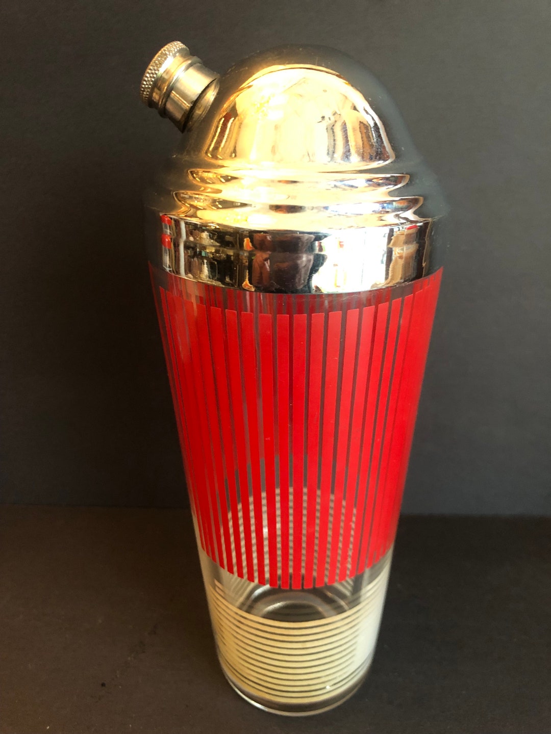 Vintage, Red & White Stripes, Glass and Chrome Cocktail Shaker, Liqor ...