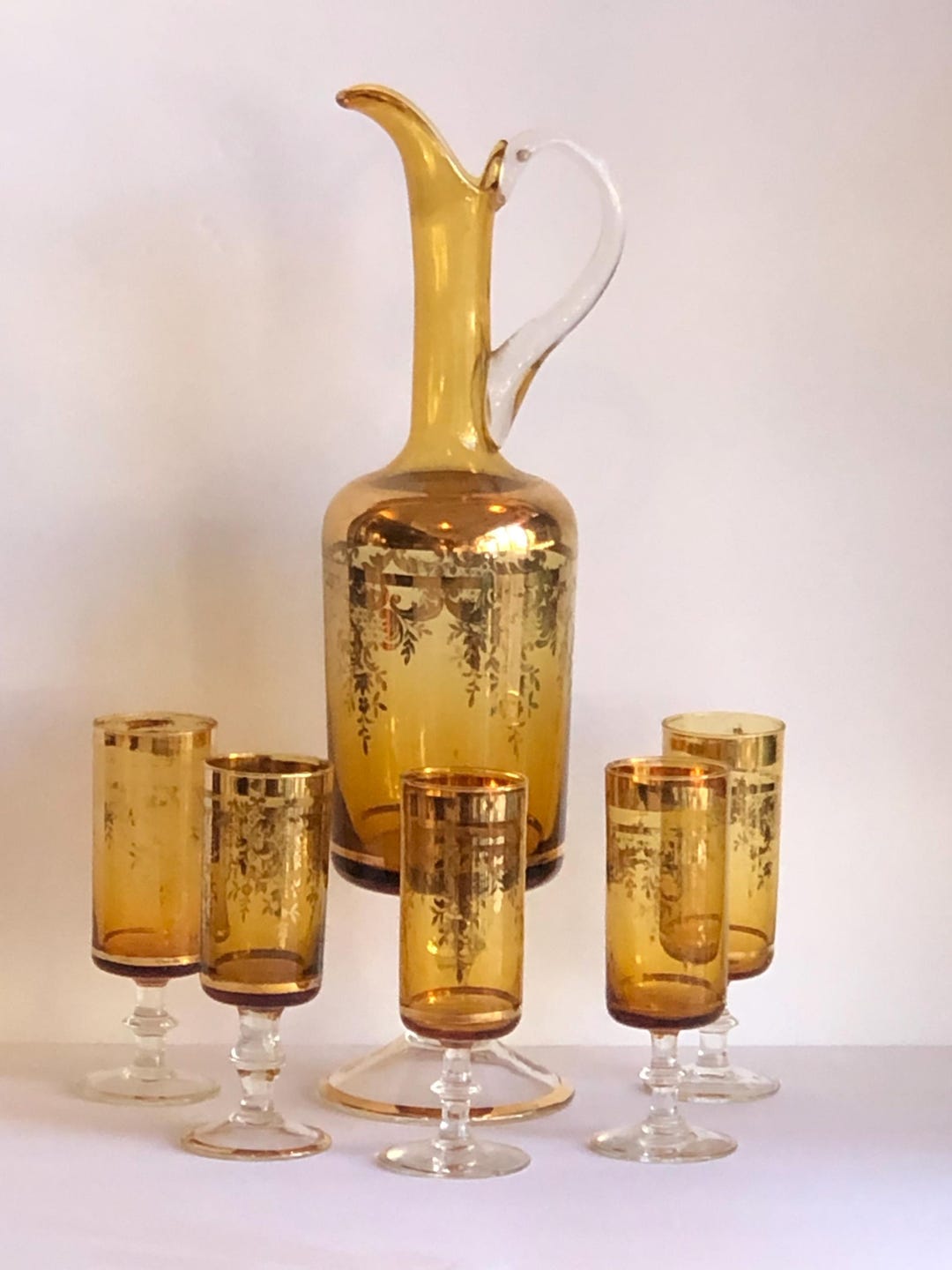 Vintage Italian Amber Glass Gold Decanter Set With 5 Glasses, Retro ...