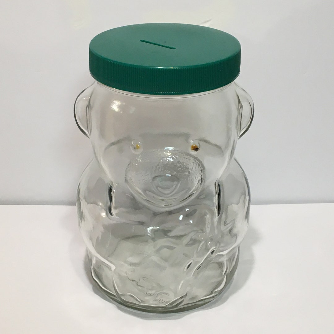 Vintage, Peanut Butter Bank, Jar Bank Papa Bear, Clear Glass, Green ...