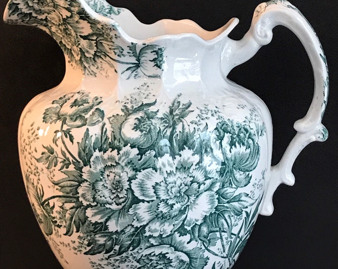 Antique, Victorian Wash Basin Pitcher, Green Transferware , Ironstone ...