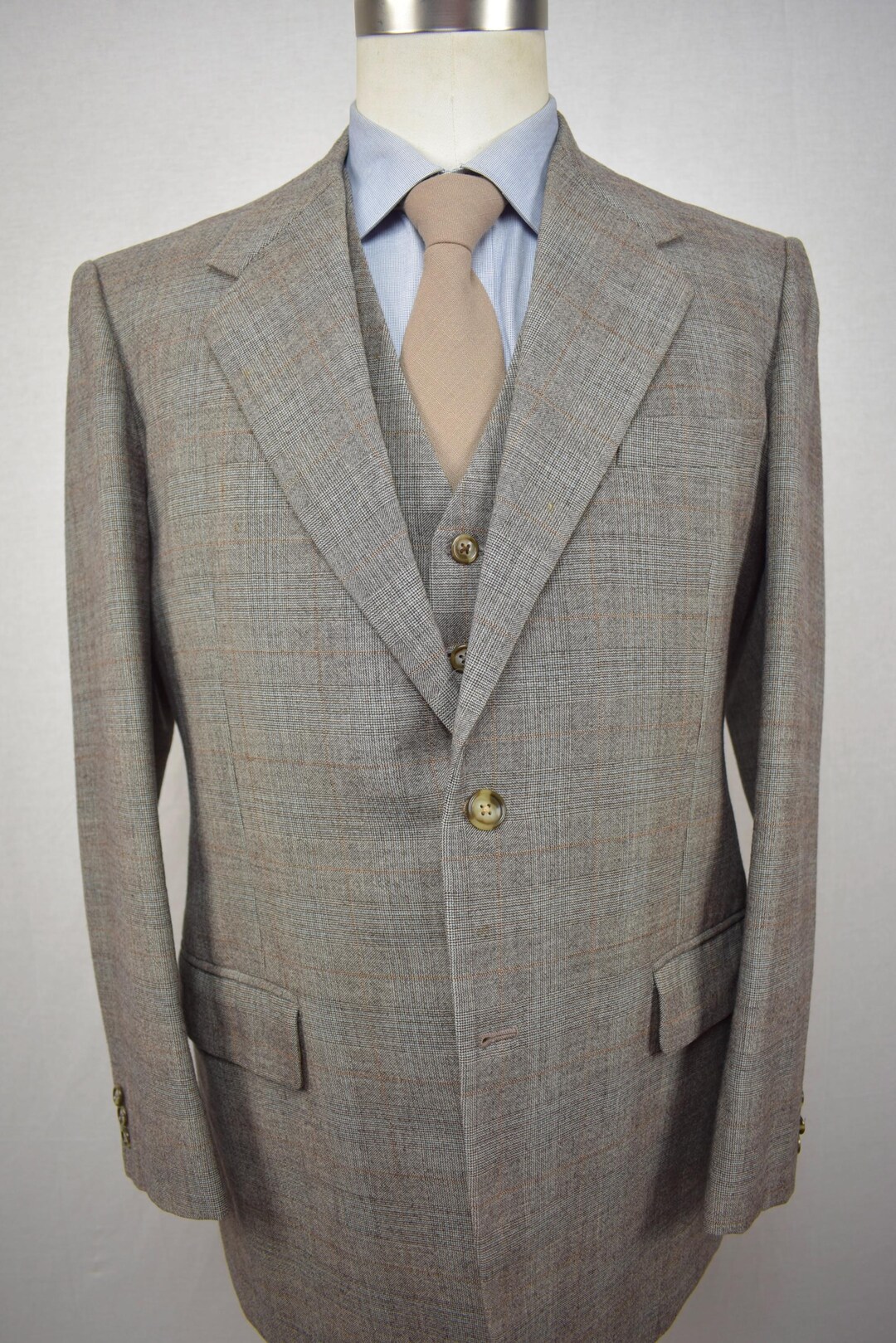 1980's Bespoke Brown Plaid Wool Two Button Suit Coat W/ Vest Size: 40S - Etsy