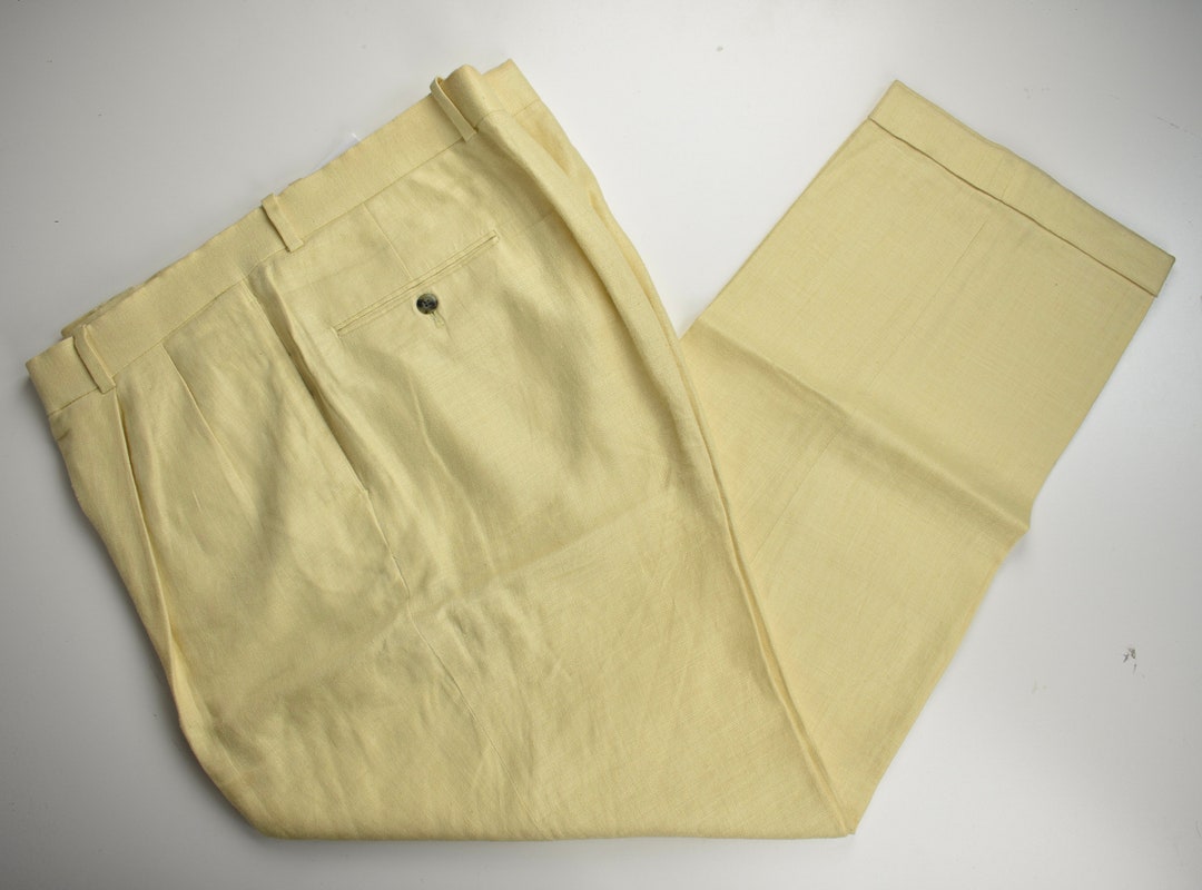 Clifford LTD Solid Yellow/tan 100% Linen Dress Pleated Casual Pants ...