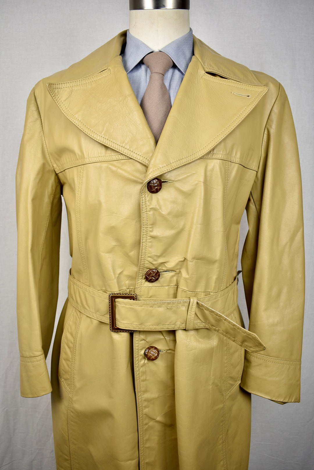 1970's Grais Solid Light Tan 100% Leather Three Button Belted Overcoat ...