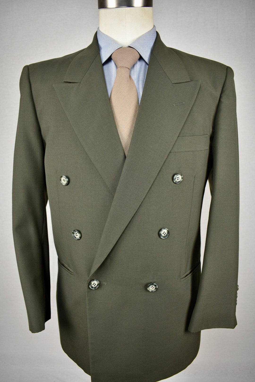 1980-90's Foreman & Clark Solid Green Wool Double Breasted Two Pc Suit ...