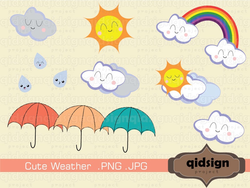 Kids Weather Theme Decor Cute Weather Clip Art, Kawaii Clip Art Set ...