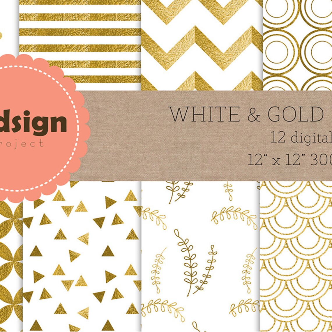 White Gold Digital Paper Chevron Stripes Dots Geometric Laurel - Etsy