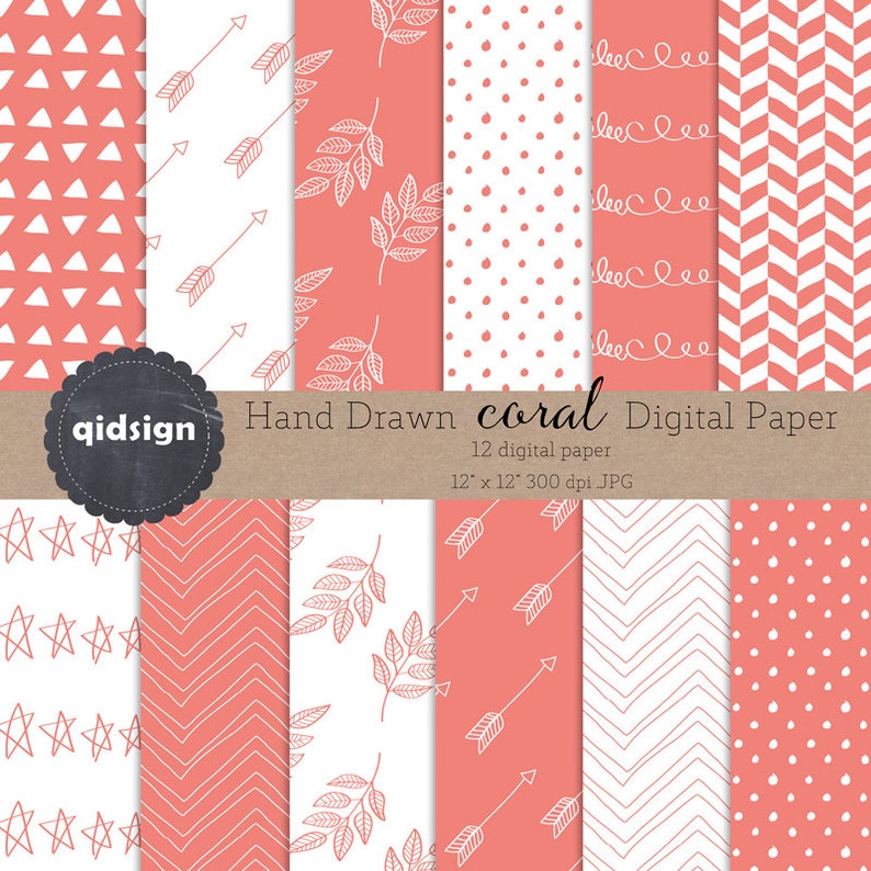 Hand Drawn Coral Digital Paper Chevron Paper Arrow Paper Personal and ...
