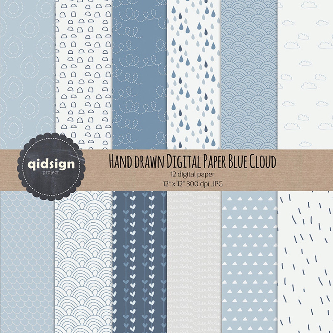 Hand Drawn Digital Paper, Blue Cloud Pattern, Rain Style, Book Cover ...