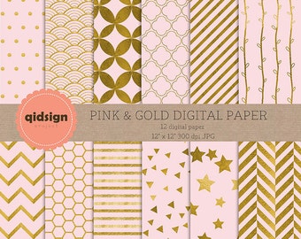 Black & Gold Digital Paper Chevron Stripes Dots Geometric | Etsy