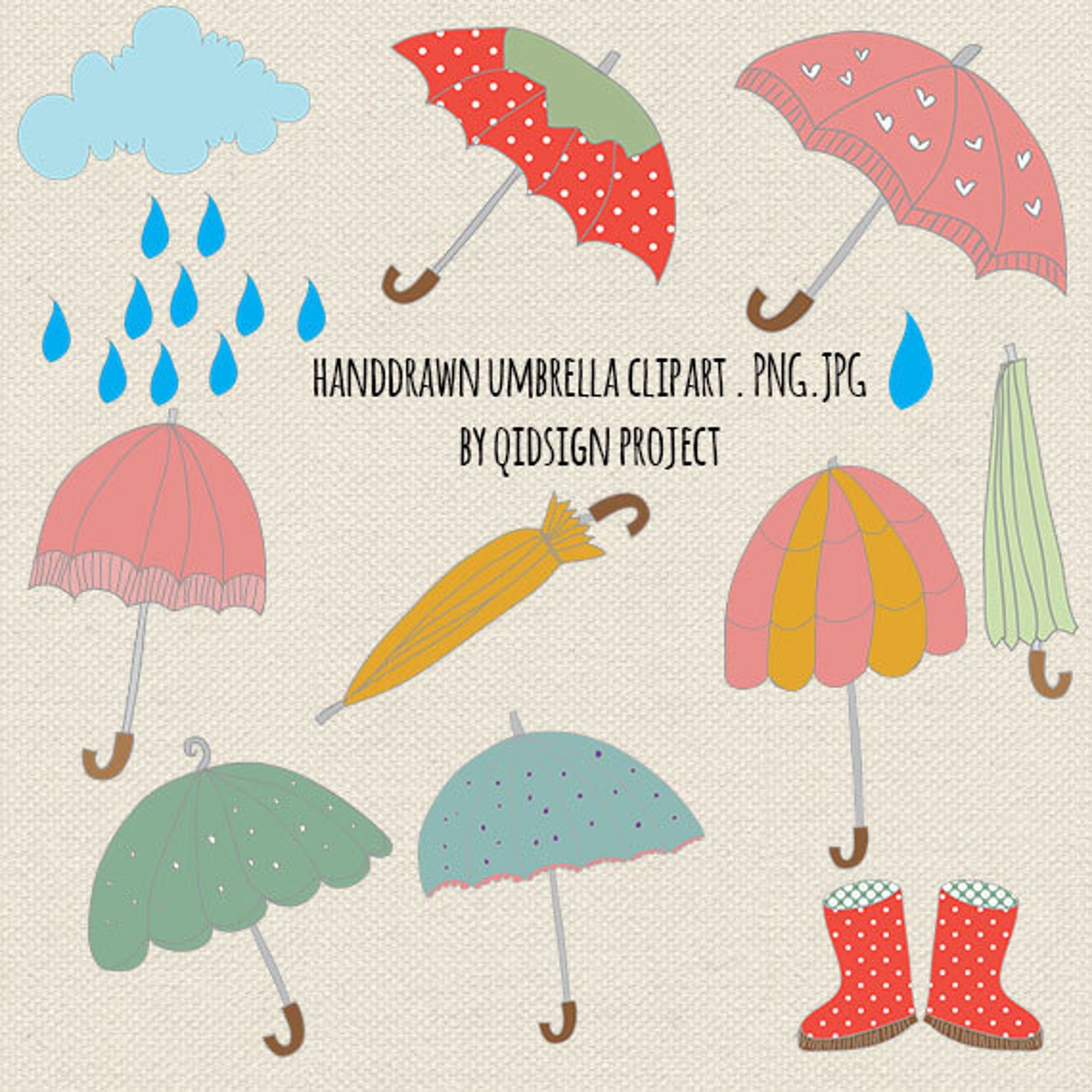 Hand Drawn Umbrella Clipart Rainy Day Clipart for Scrapbooking ...