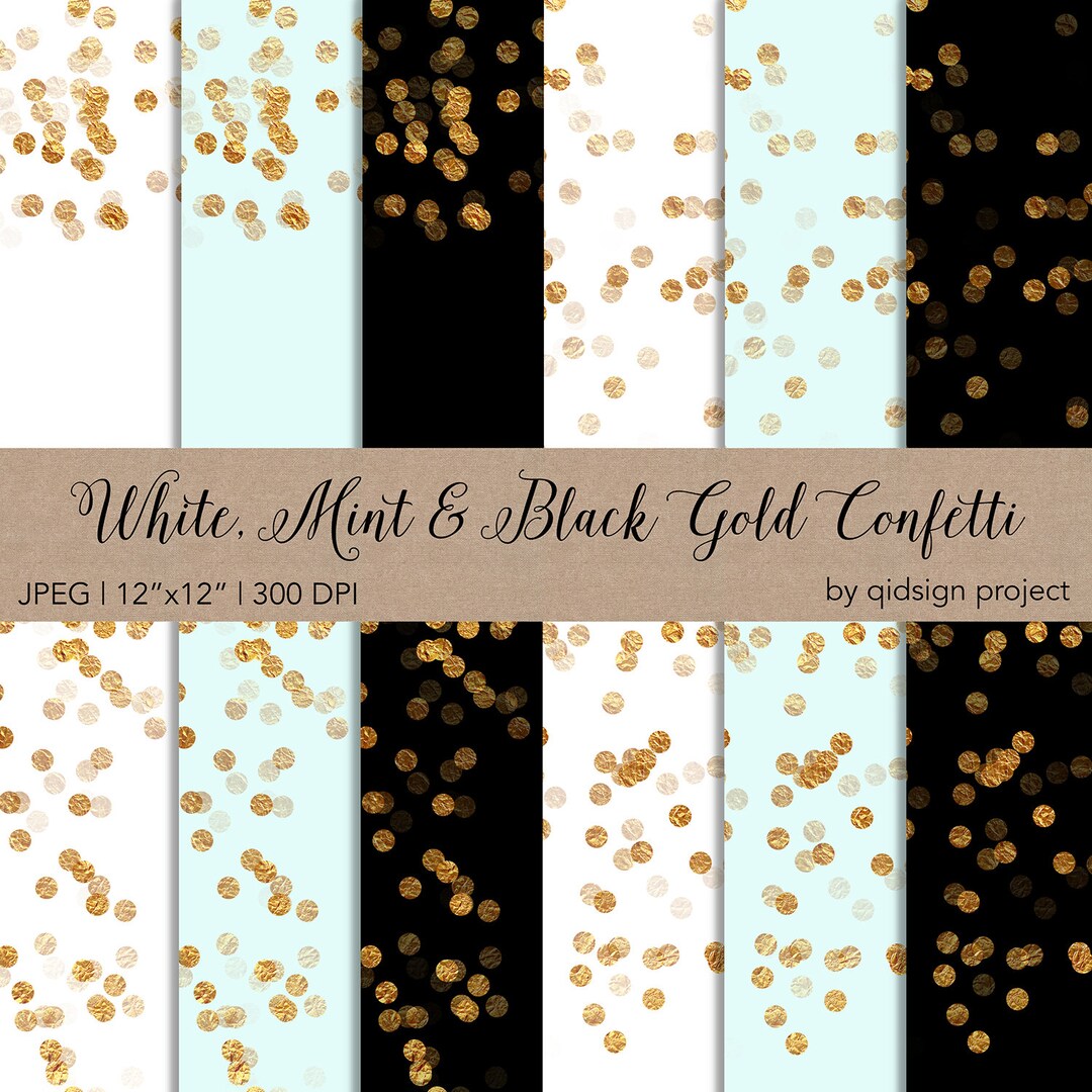 Digital Paper Gold Confetti White, Mint and Black, Great for New Years ...