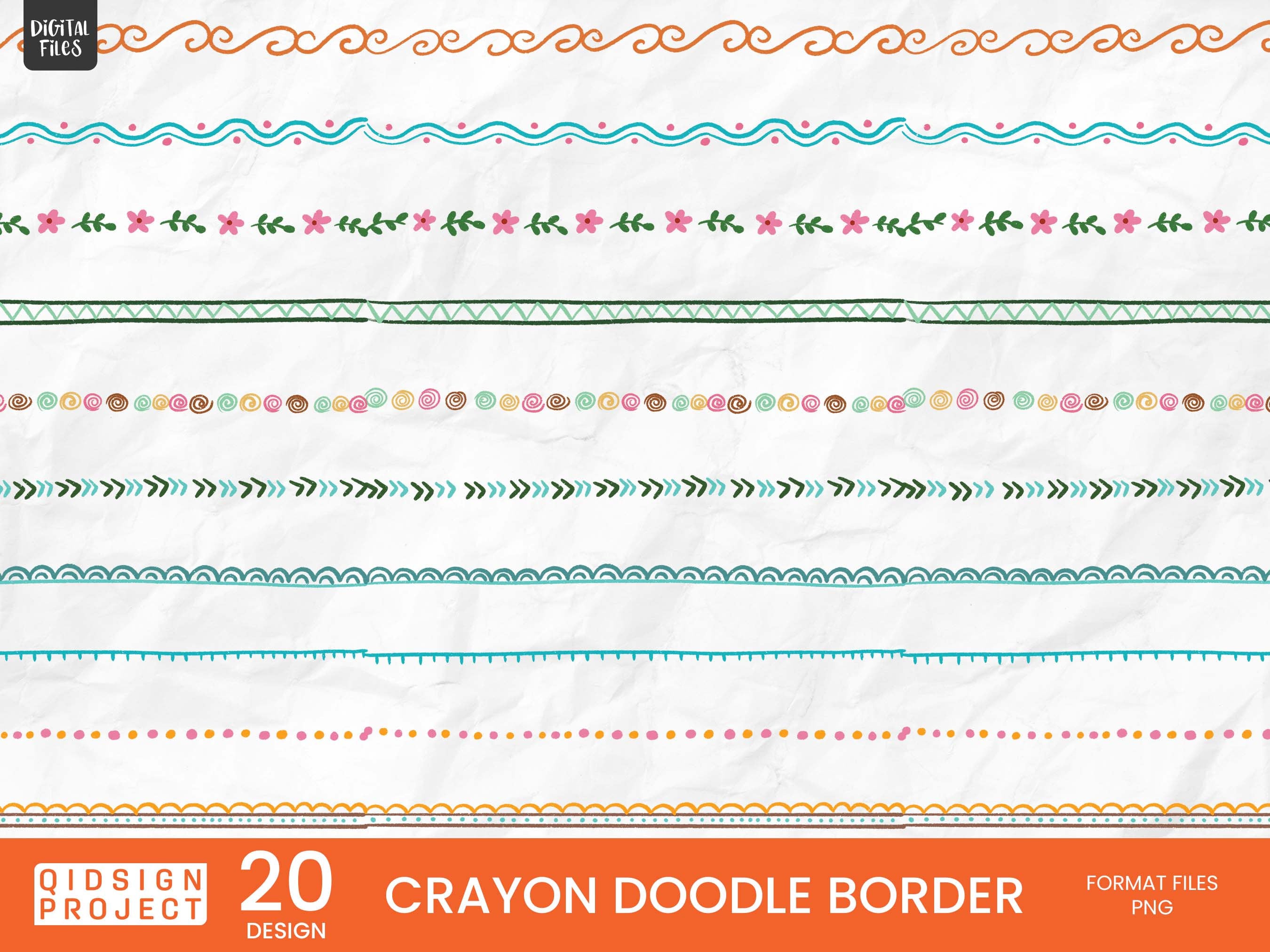 20 Crayon Doodle Border, Doodle Line Border, Decorative Elements ...