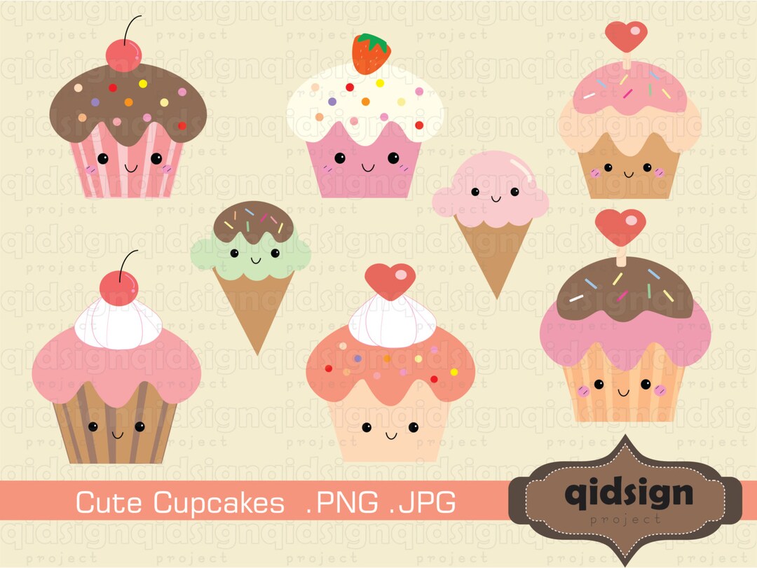 Cute Cupcake and Ice Cream Clipart, Kawaii Image, Bakery Logo, Market ...