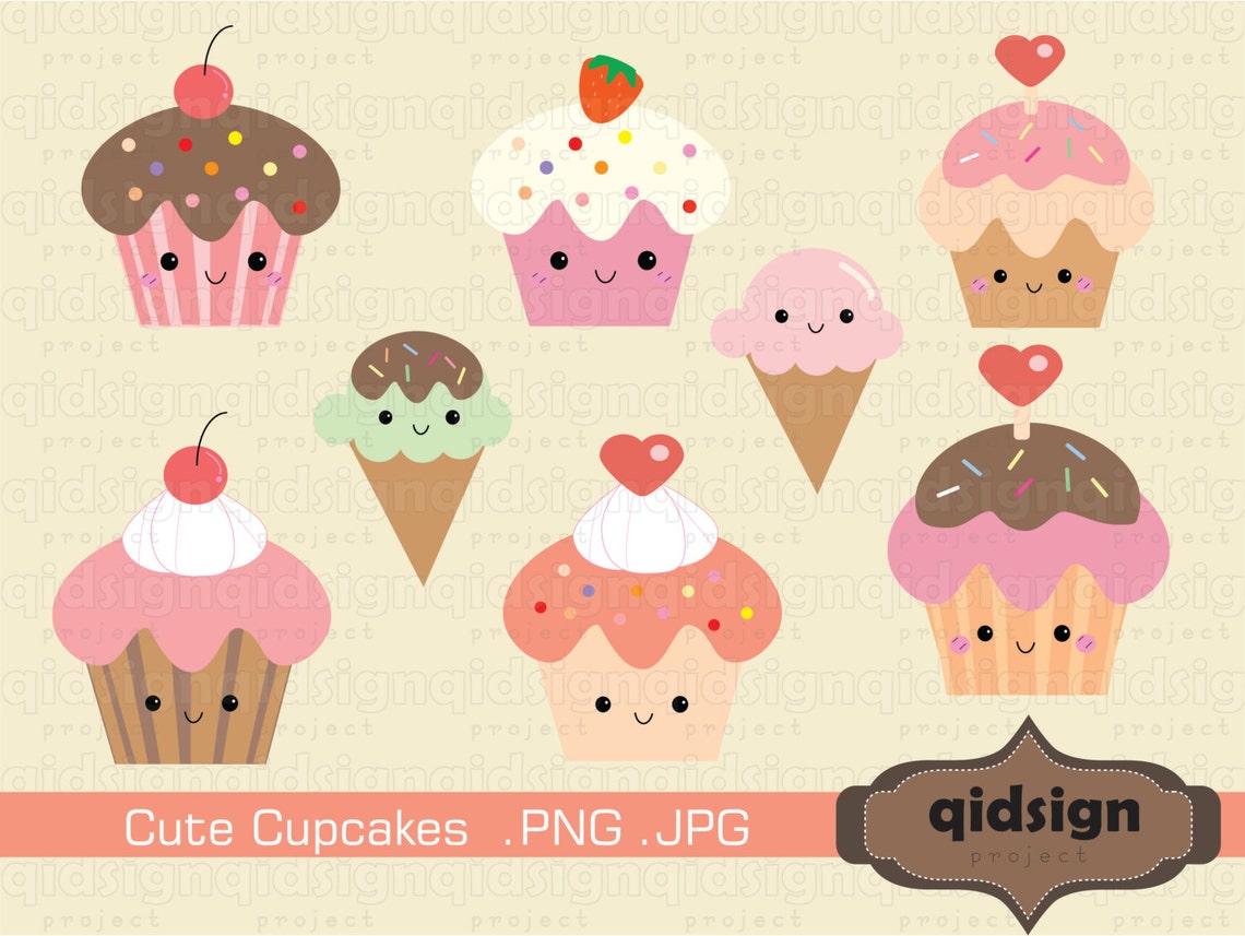 Cute Cupcake and Ice Cream Clipart, Kawaii Image, Bakery Logo, Market ...