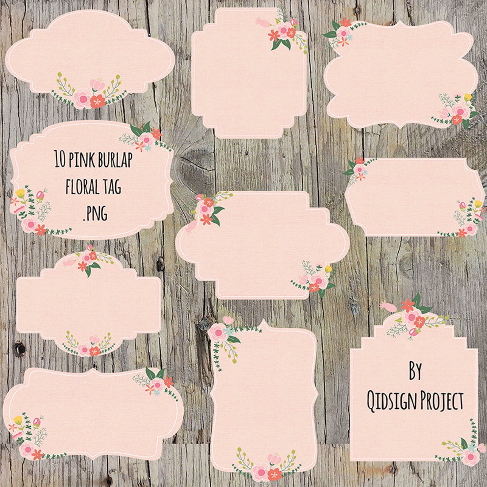 Pink Burlap Floral Tag Clipart Floral Frame Linen | Etsy