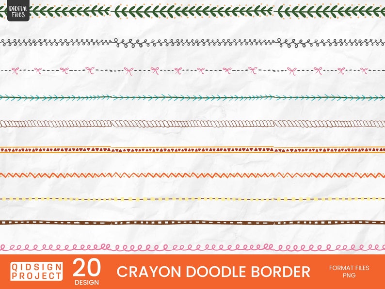 20 Crayon Doodle Border, Doodle Line Border, Decorative Elements ...