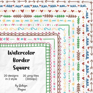 20 Watercolor Border Square, Decorative Element, Hand Drawn Border ...