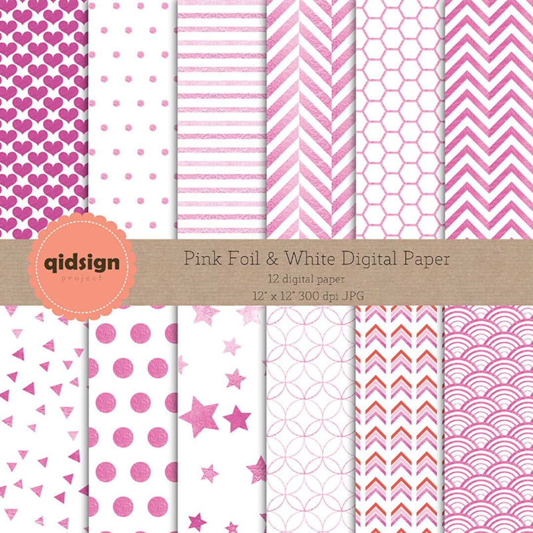 Pink Foil & White Digital Paper Chevron Stripes Dots Geometric Hearts ...