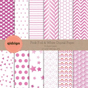 Pink Foil & White Digital Paper Chevron Stripes Dots Geometric Hearts ...