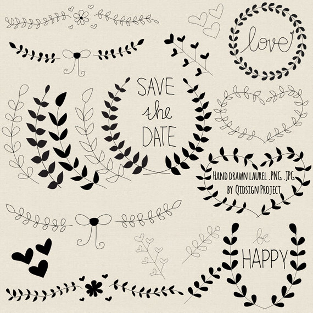 Hand Drawn Laurel Clipart Black for Scrapbooking Wedding Invitation ...