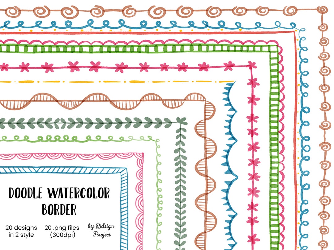 Buy 20 Doodle Watercolor Border, Decorative Elements, Page Border ...