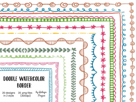 20 Doodle Watercolor Border, decorative elements, page border journal ...