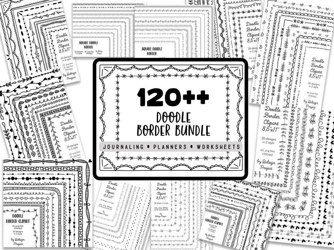 Classroom Worksheet Border PNG Bundle – 120 Black & White Doodle Frames ...